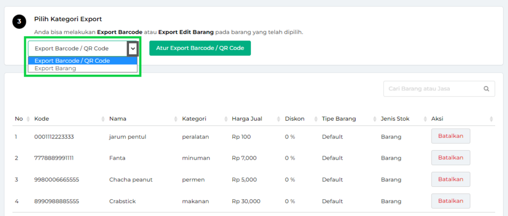 Cara Export Barang/Jasa, Barcode/QR Code Secara Massal (Fitur Manajemen Bulk: Mode Export)