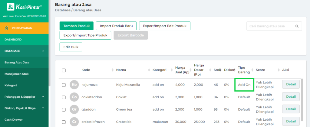 Bagaimana Cara Mengubah Tipe Barang Add on Secara Manual?