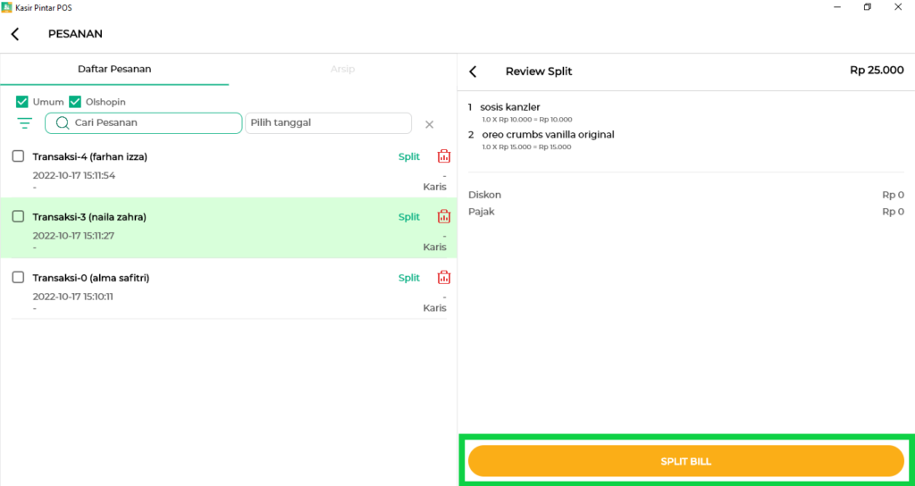 Cara Split Pesanan