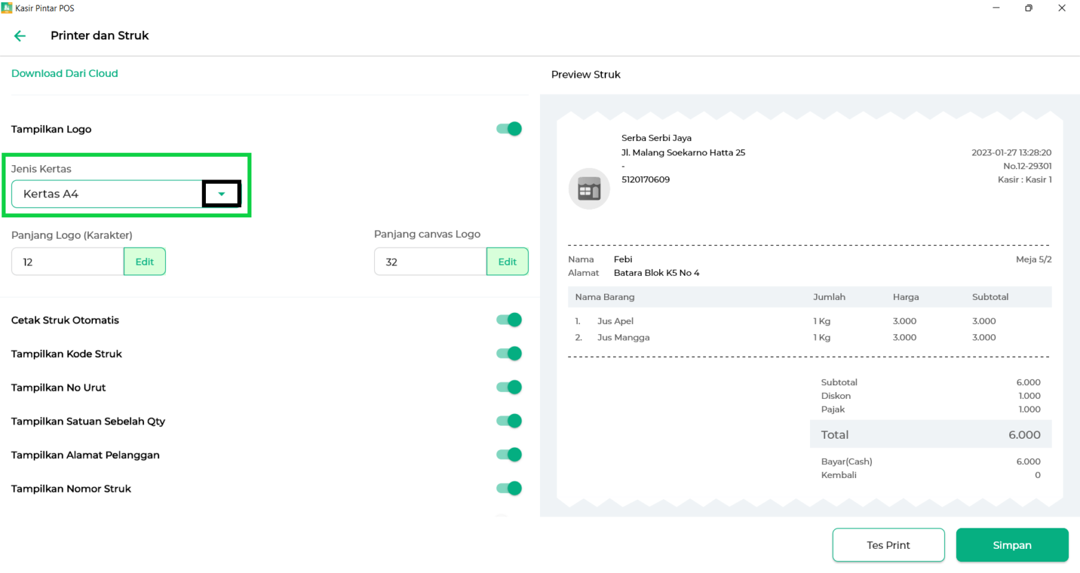 Cara Cetak Struk untuk Kertas A4