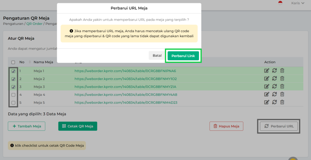 Pengaturan Fitur QR Meja